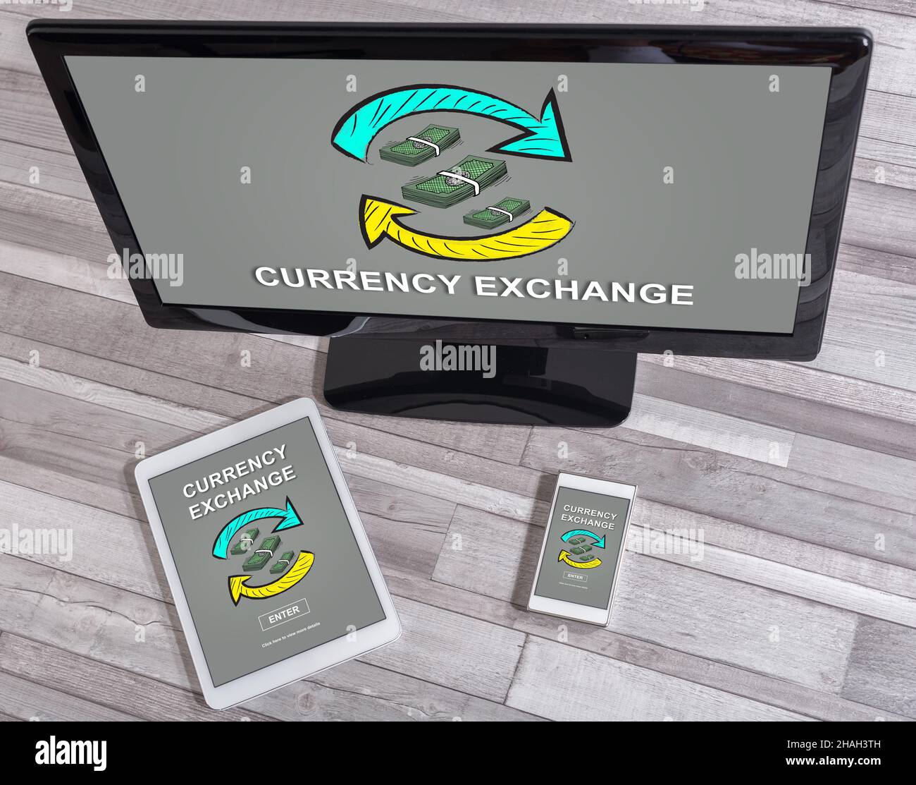 Currency exchange concept shown on different information technology ...