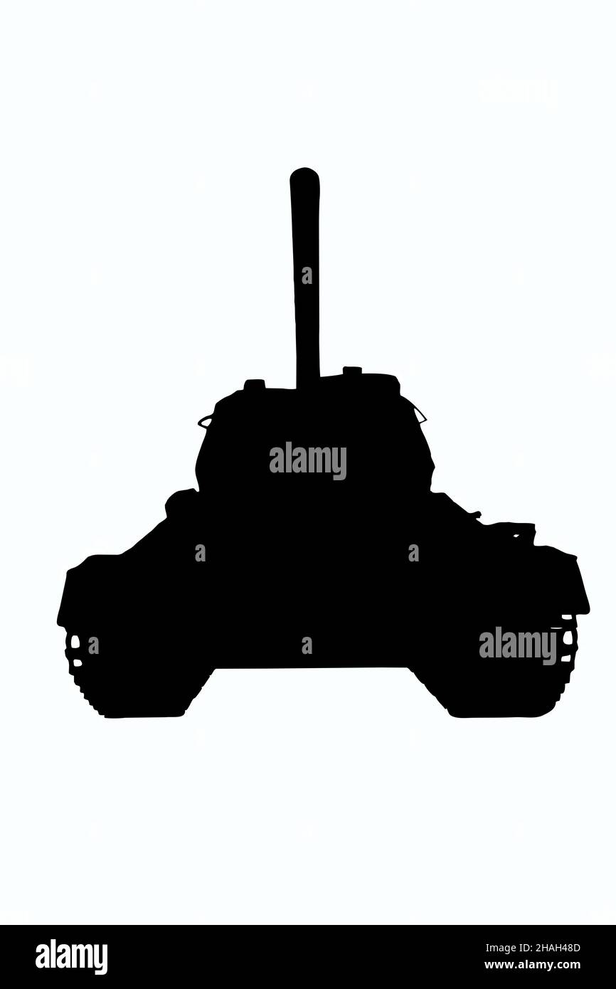 Black outline illustration of Soviet tank T-34 with details on white ...