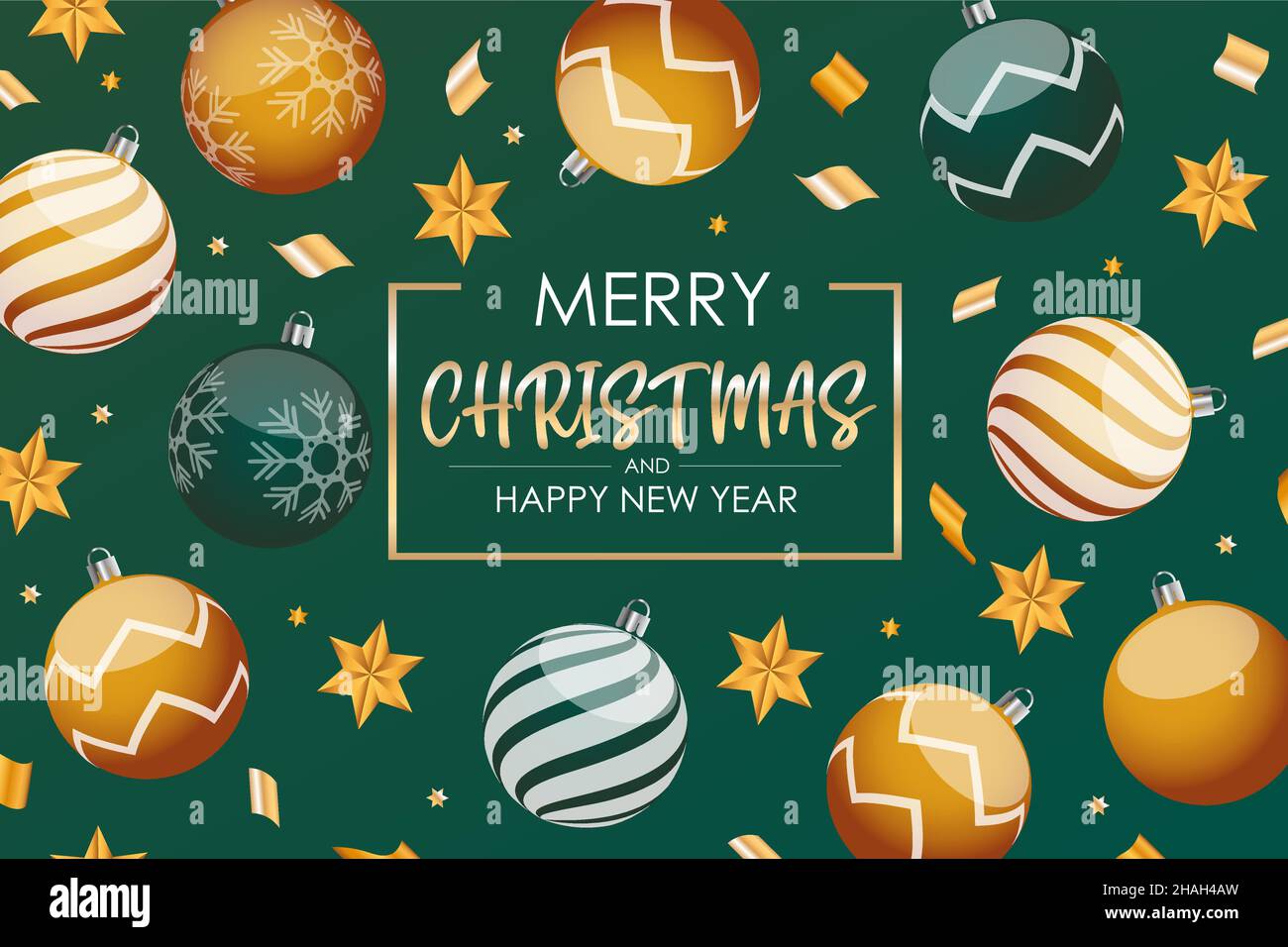 Christmas banner, Xmas green and golden balls. Horizontal christmas ...