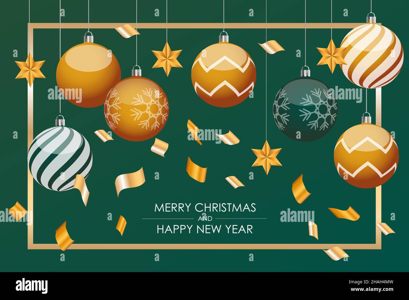 Christmas banner, Xmas green and golden balls. Horizontal christmas ...