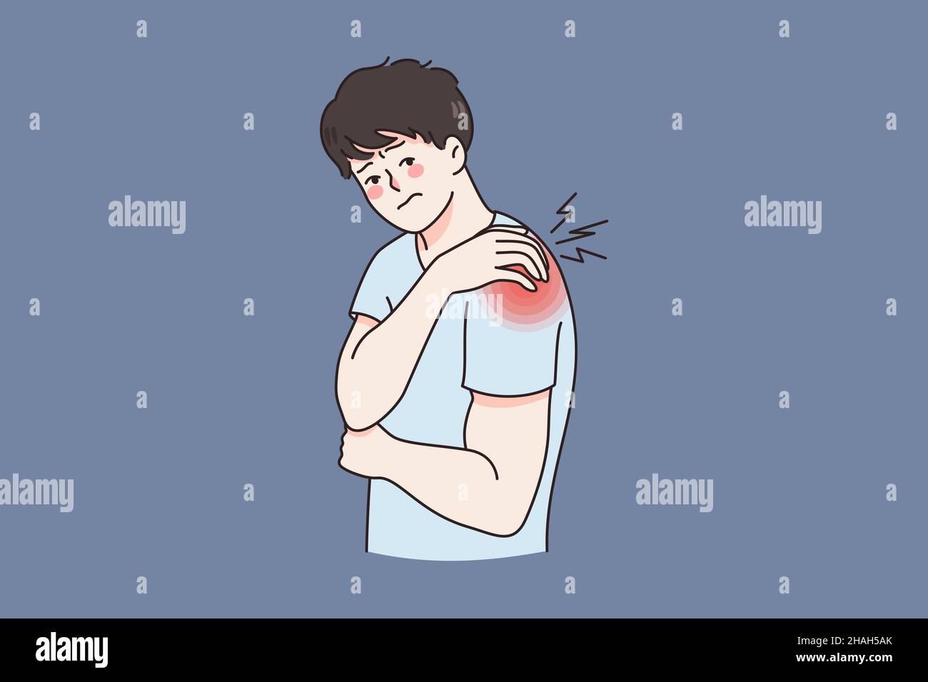 Unhealthy man touch shoulder suffer from back injury or trauma. Unwell ...