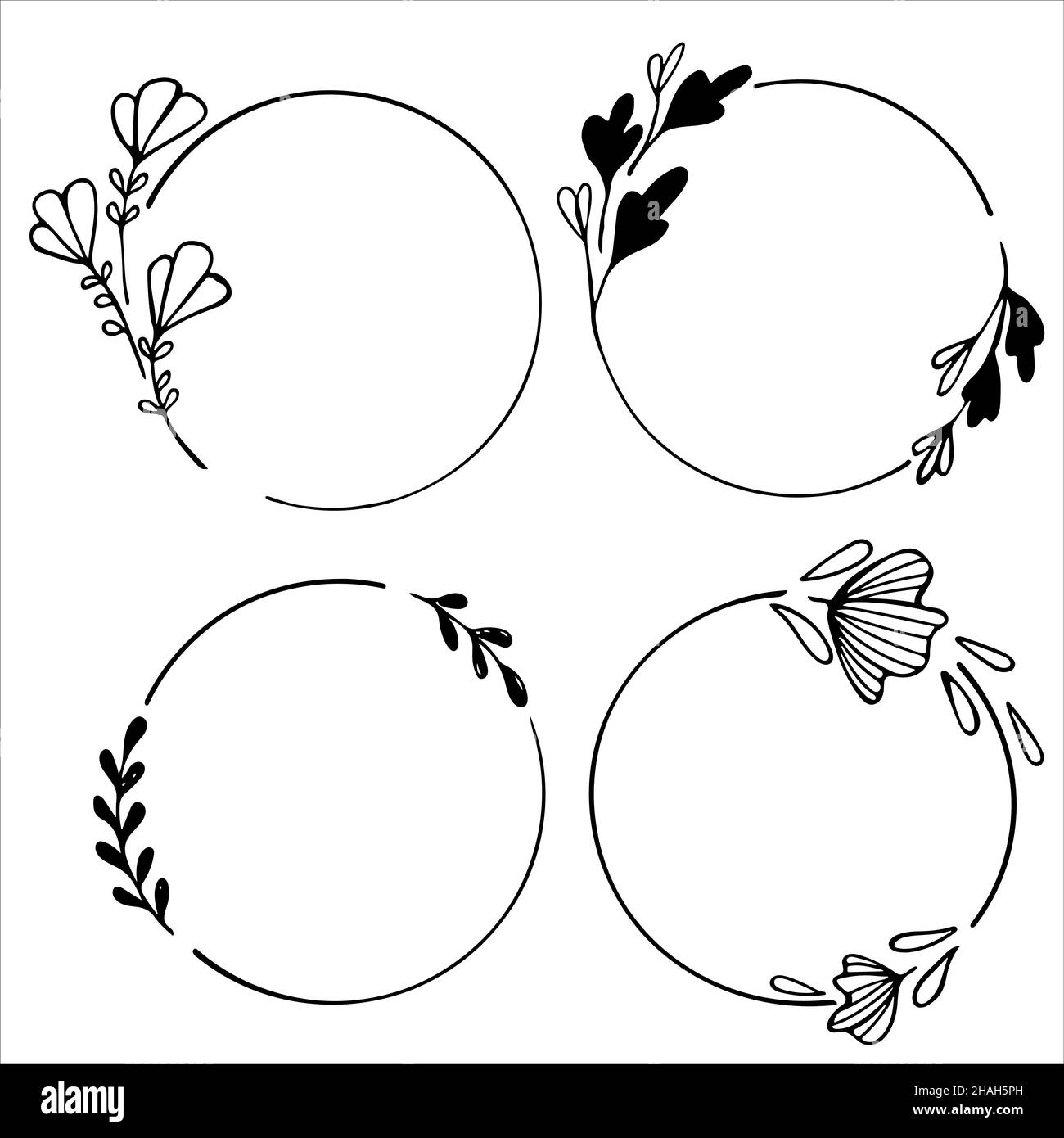 Set of hand drawn round doodle floral with leaves on white background ...