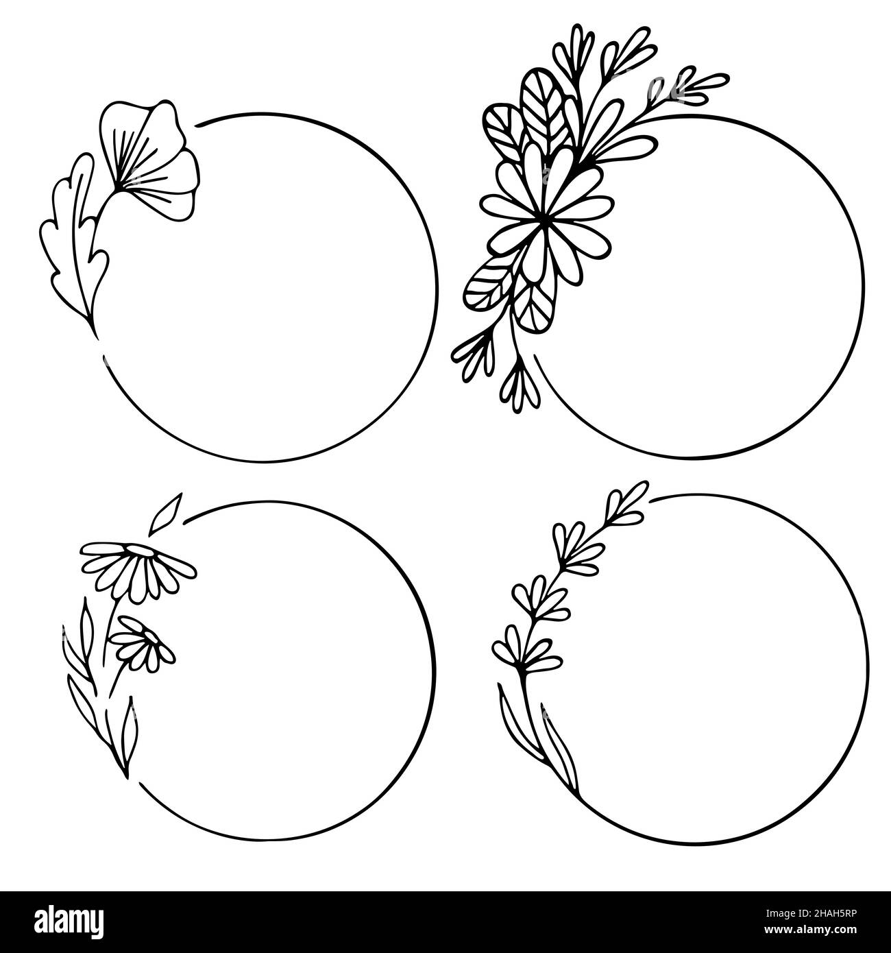 Set of hand drawn round doodle floral with leaves on white background ...
