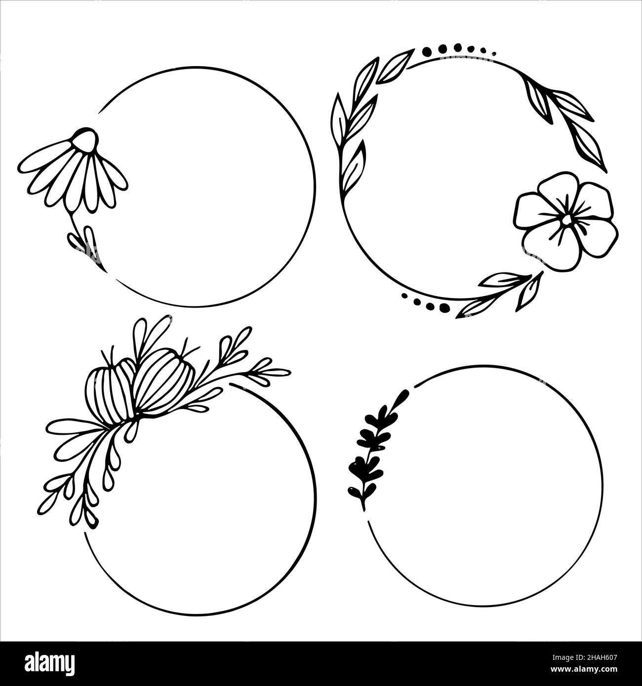 Set of hand drawn round doodle floral with leaves on white background ...