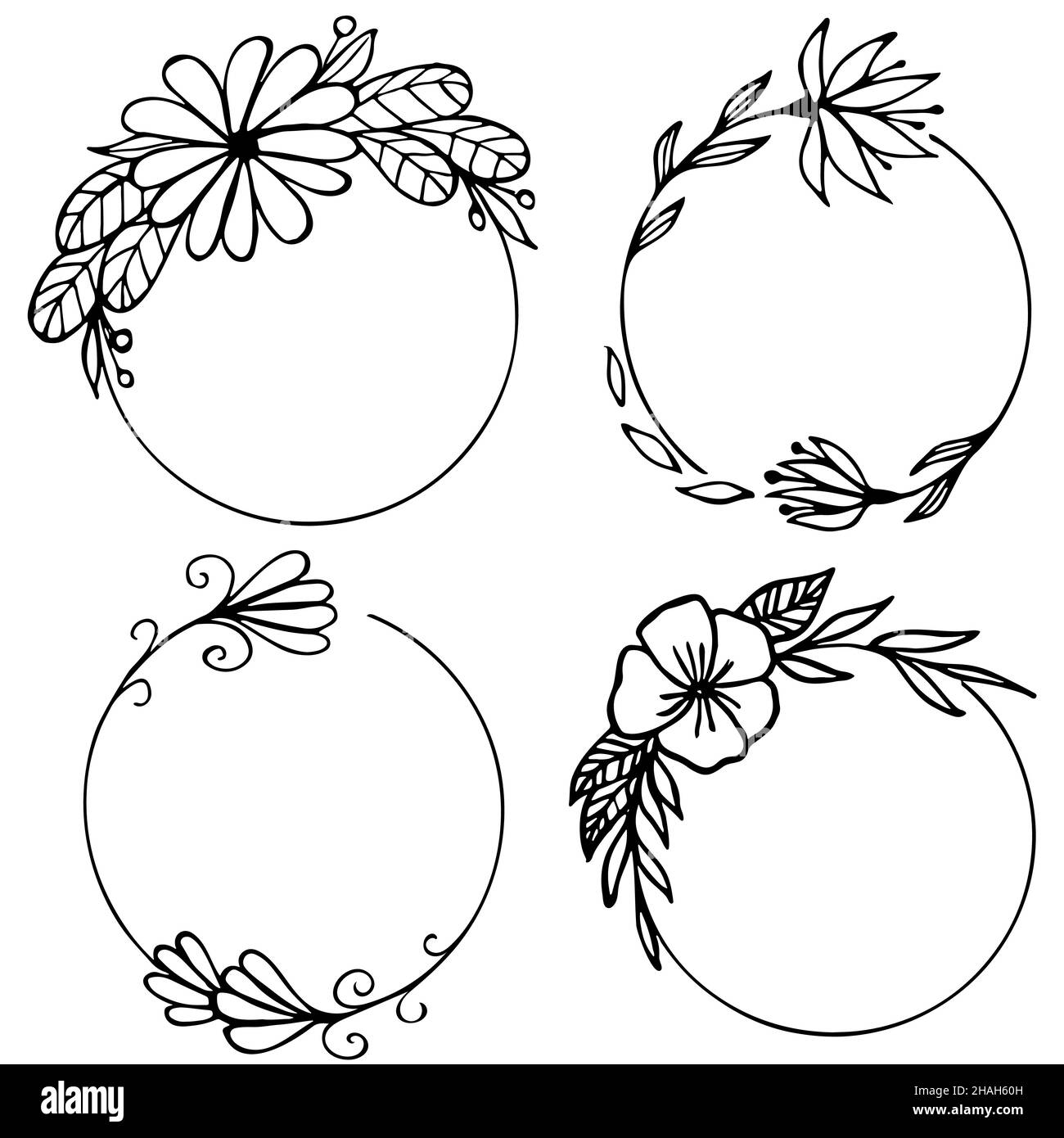 Set of hand drawn round doodle floral with leaves on white background ...