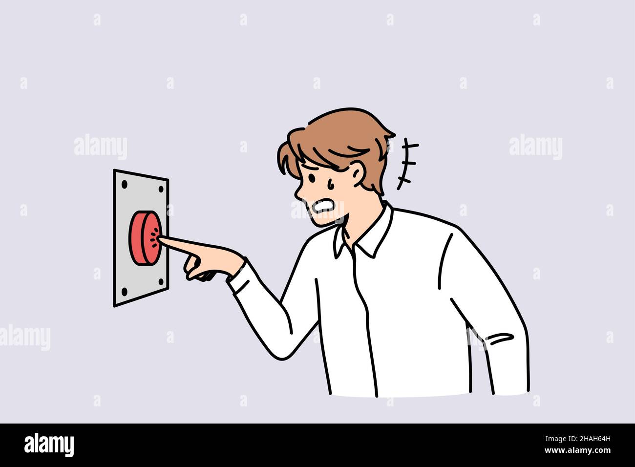 Emergency button and sos concept. Stressed man office worker standing ...