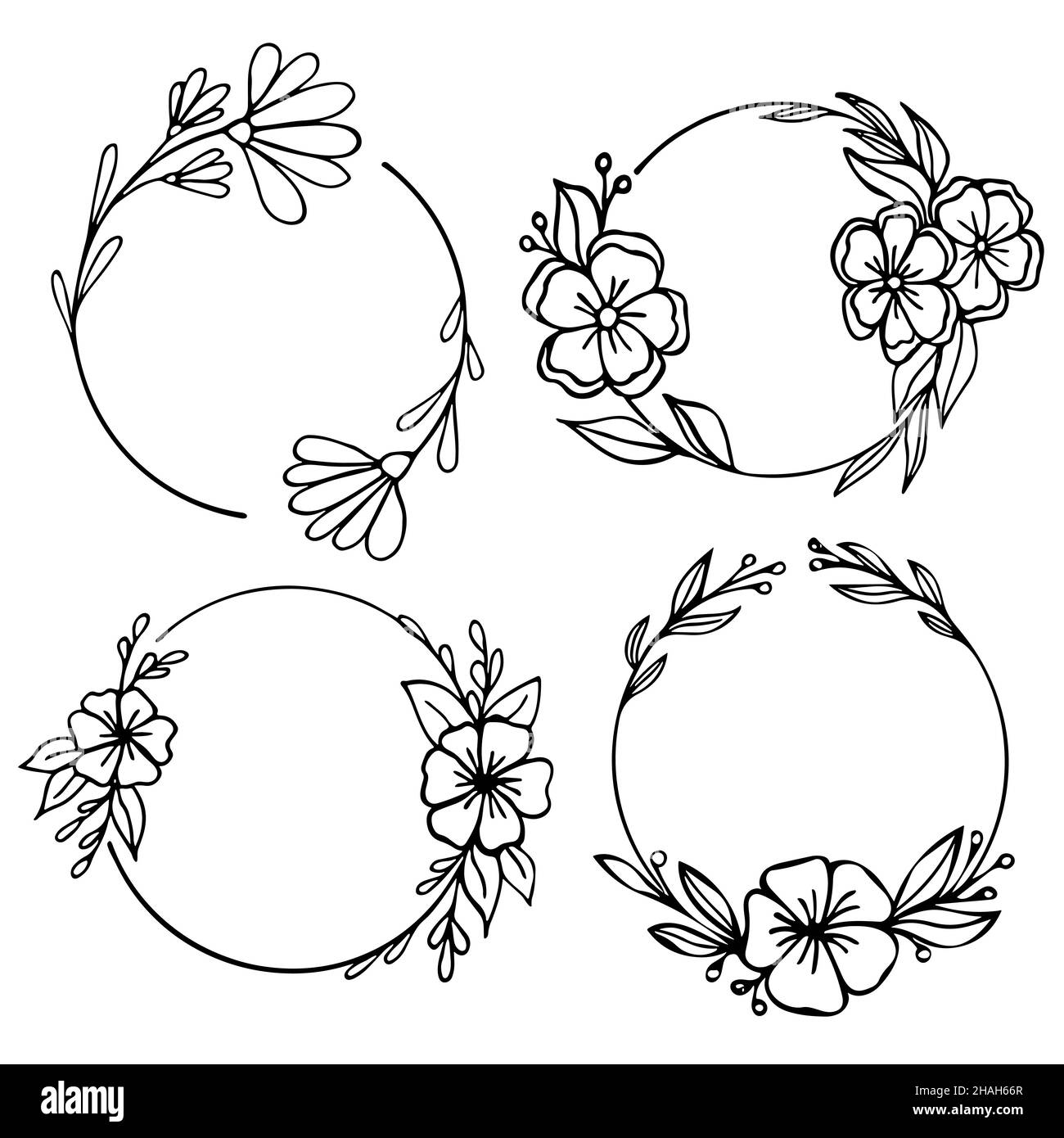 Set of hand drawn round doodle floral with leaves on white background ...