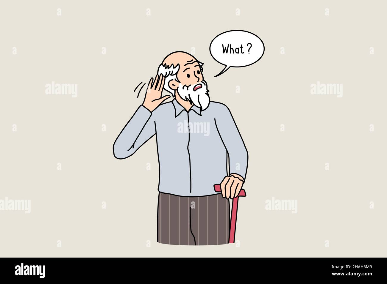 Bad hearing of elderly people concept. Aged old man standing and trying ...