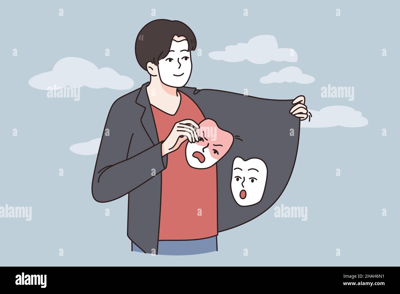 Young man hide true emotions under mask suffer from mood swing or ...