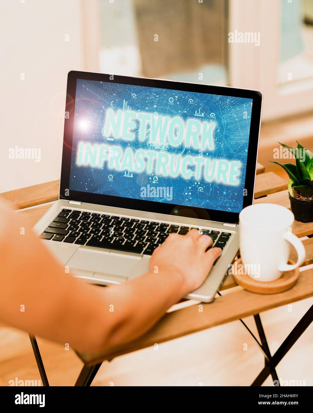 Hand Writing Sign Network Infrastructure Word Written On Hardware And Software Resources In And