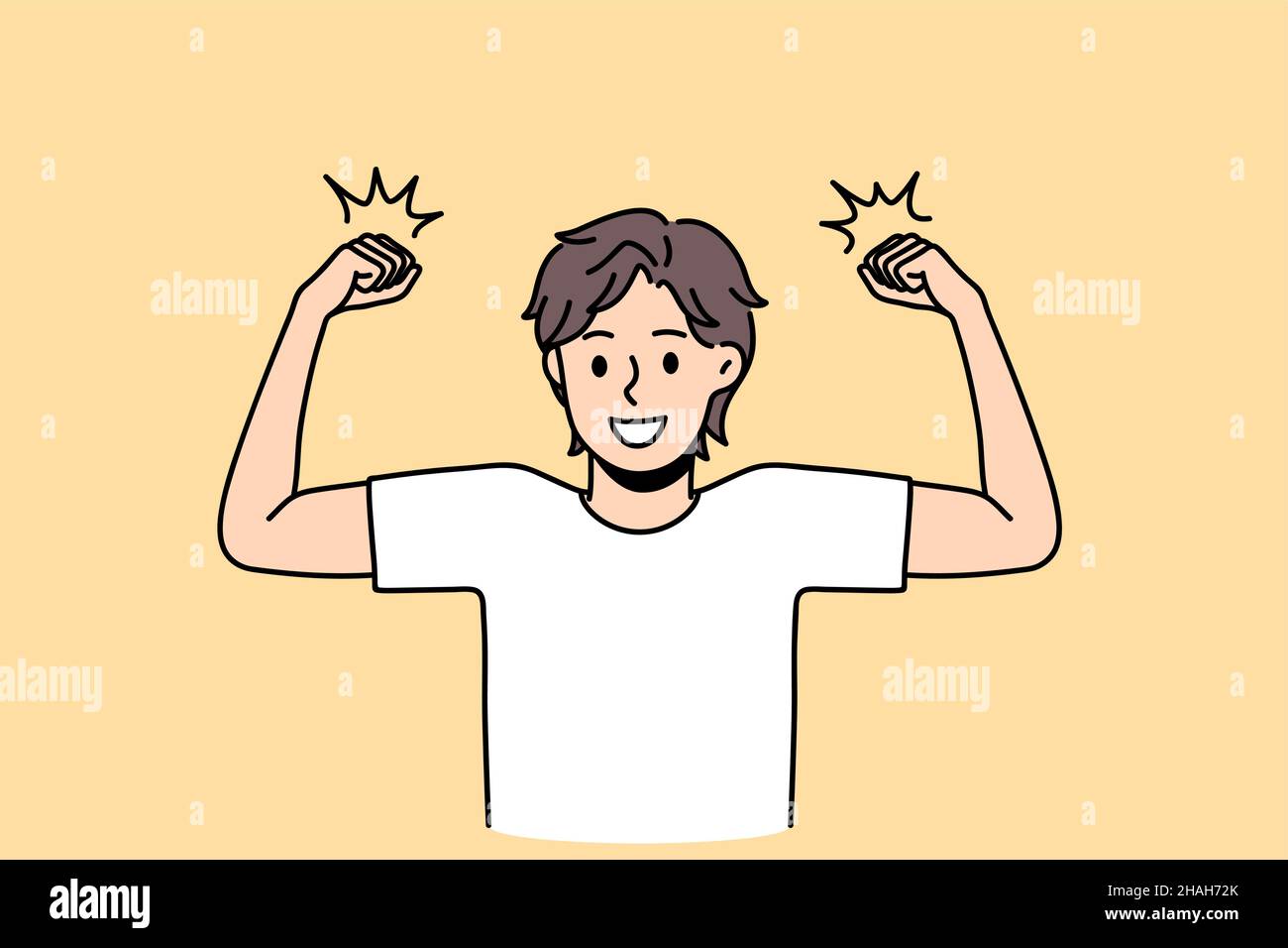 Strength and showing power concept. Smiling positive boy wearing white ...