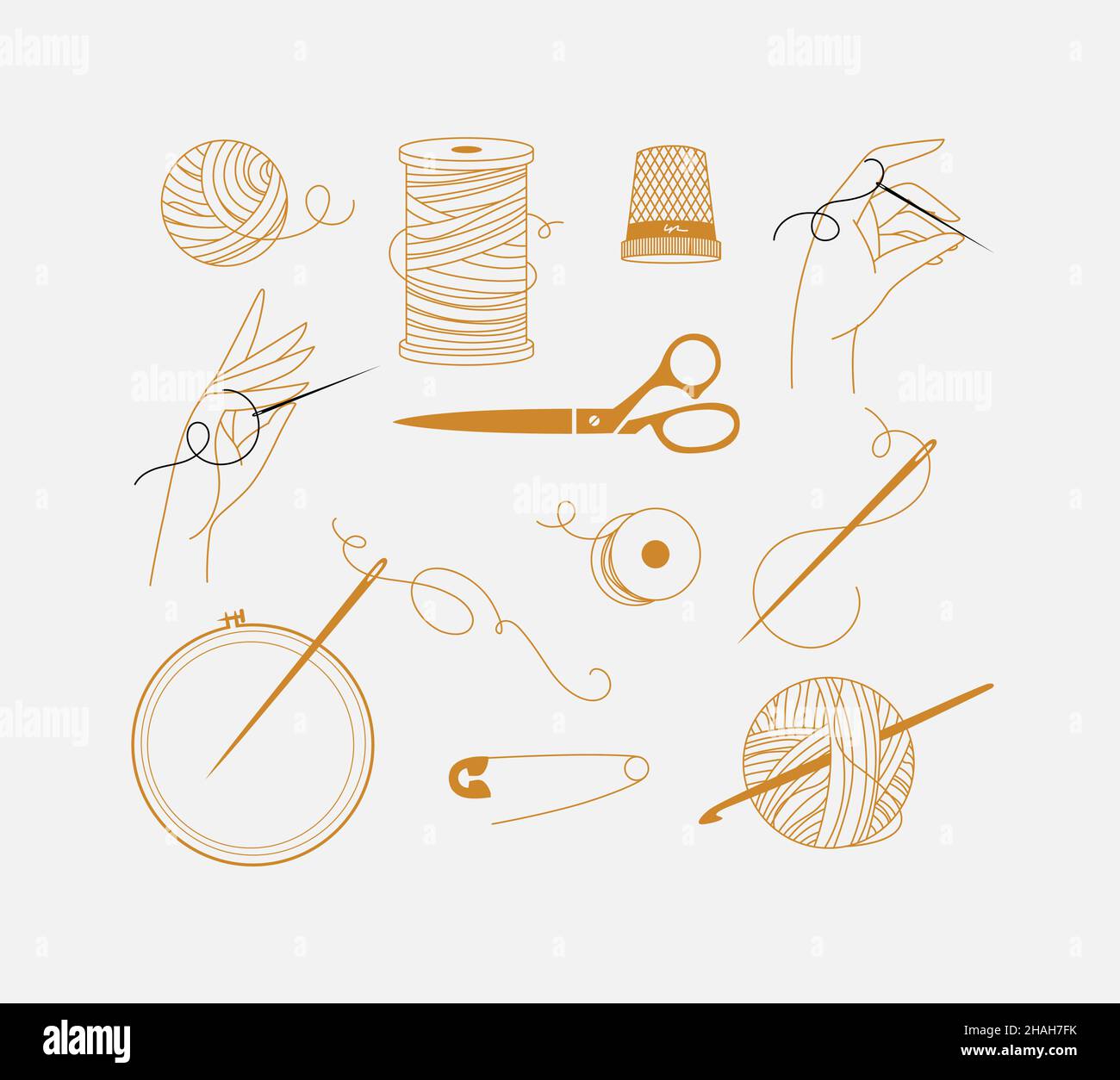 Sewing symbols thread, needle, scissors, pin, thimble, knitting, hand ...
