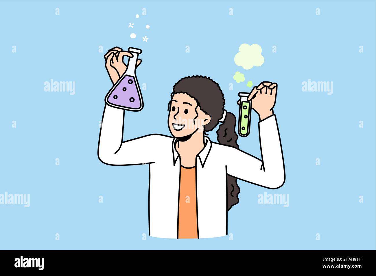 Science chemistry and research concept. Smiling woman chemist in white ...