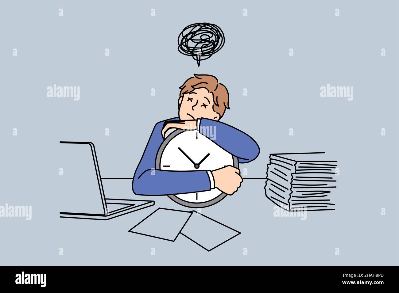 Sleepy worker and tiredness concept. Young man office worker sitting at ...