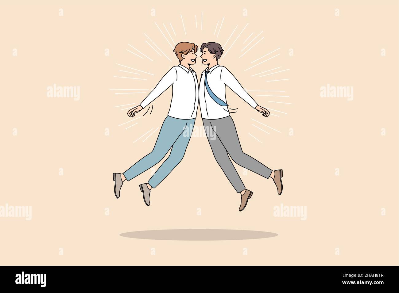 Teamwork collaboration and success concept. Two men colleagues jumping ...