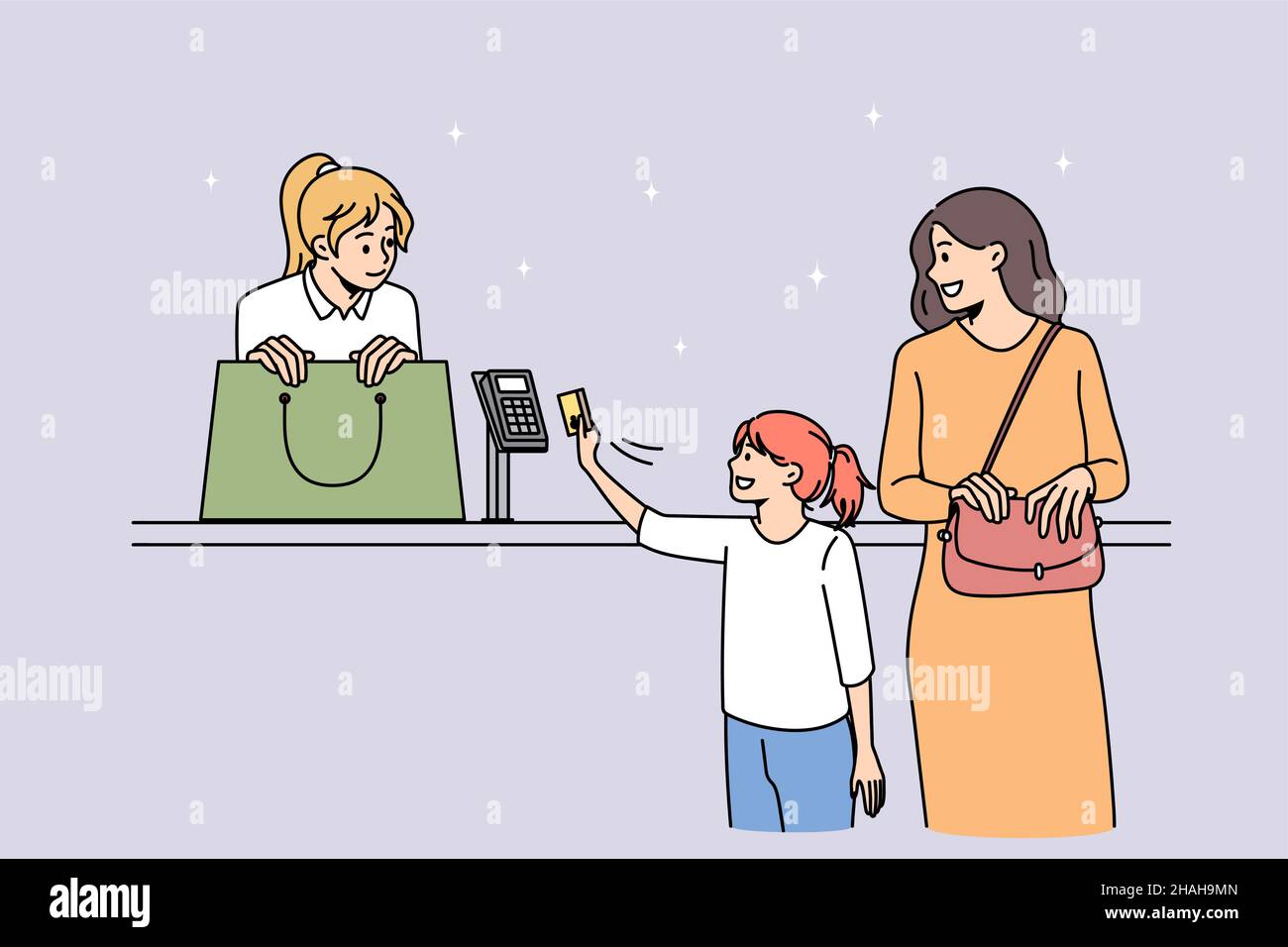 Family shopping and paying with card concept. Smiling daughter and ...