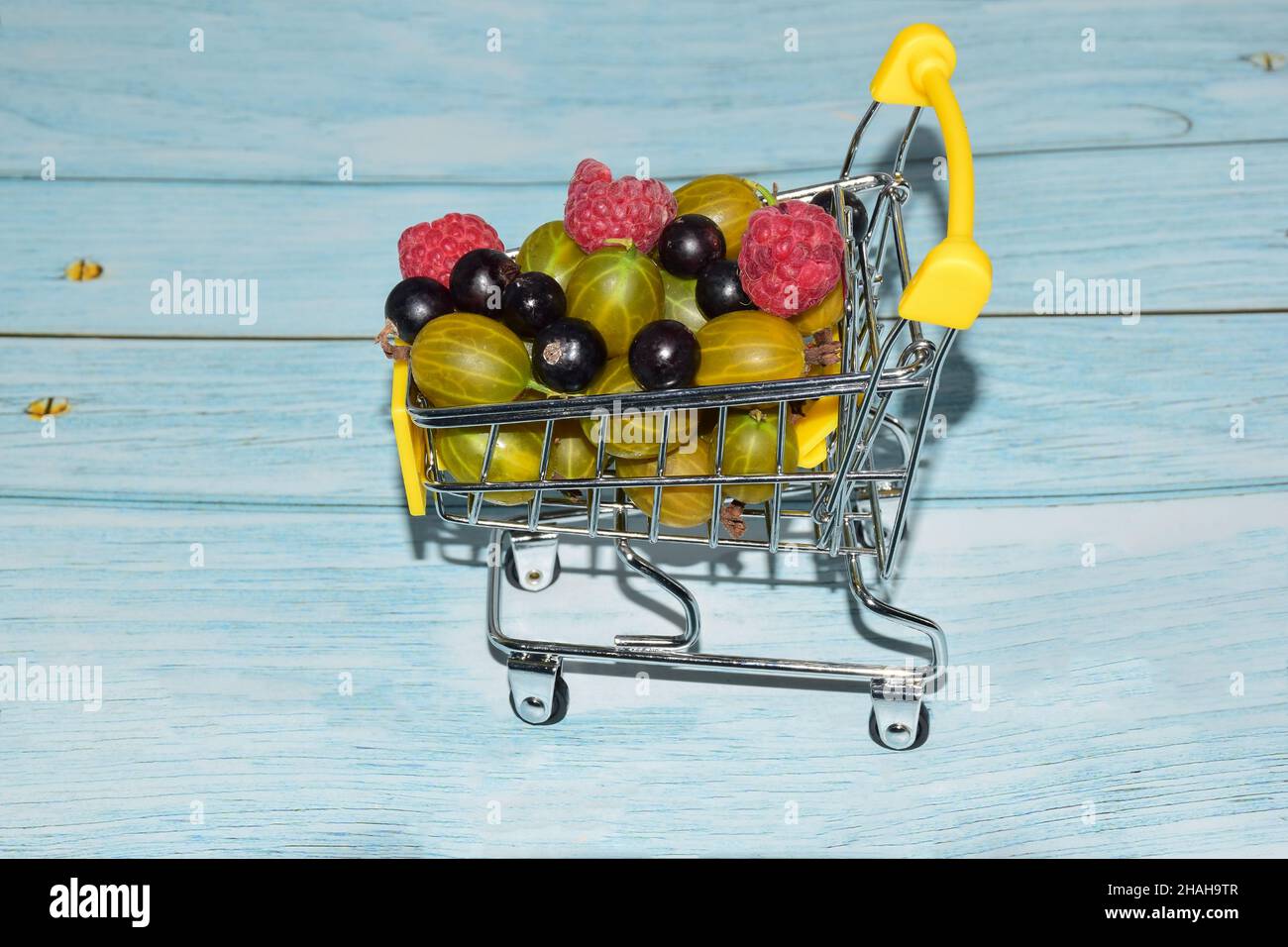Raspberries, gooseberries and currants are heaped in a small yellow toy ...