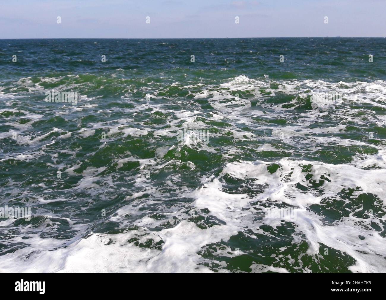 Seething sea waves covered with foam breakers to the horizon. And also ...