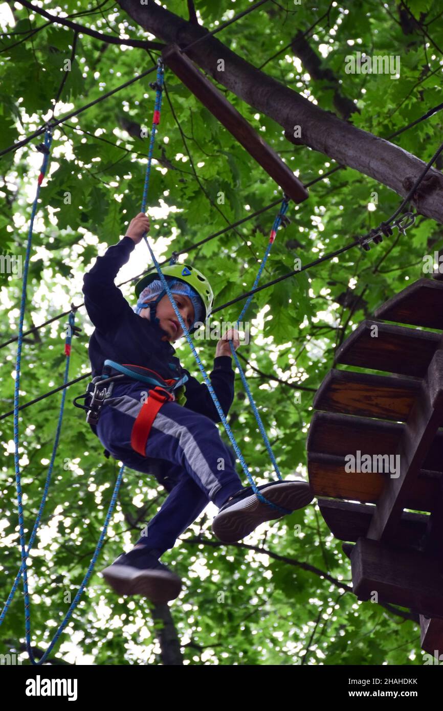 Young teen boy climbs hanging stairs from one tree to another in a rope ...