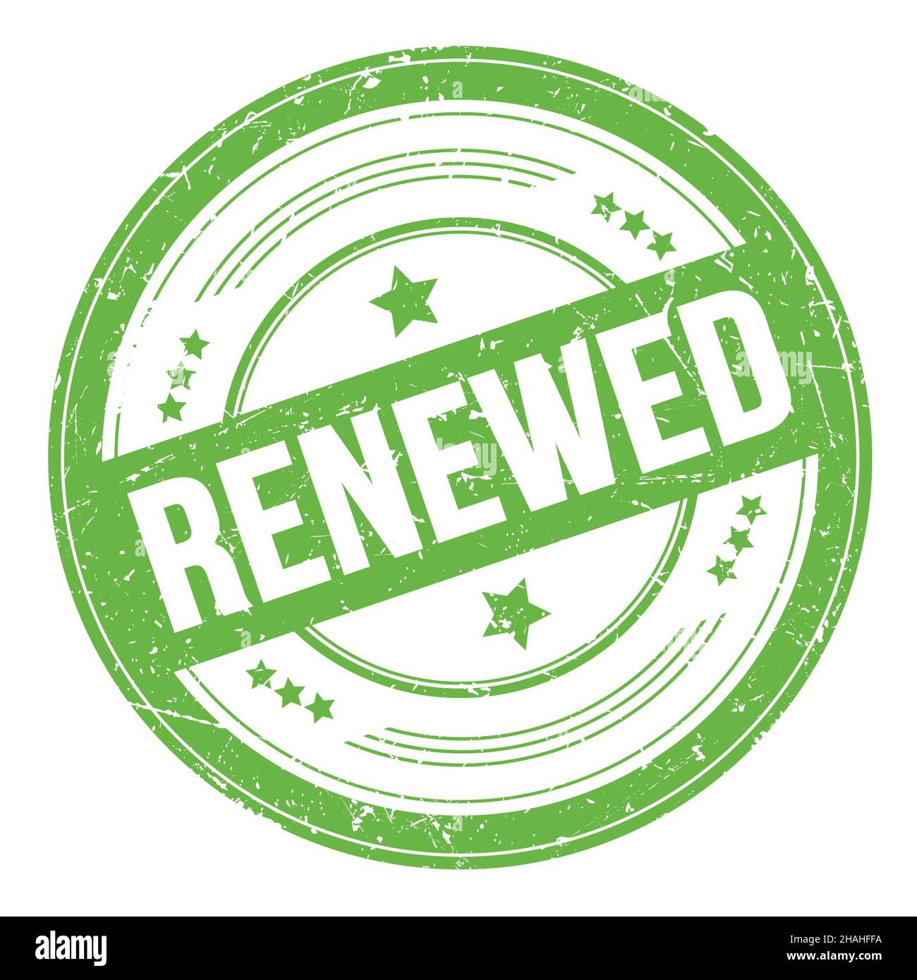 RENEWED text on green round grungy texture stamp Stock Photo - Alamy