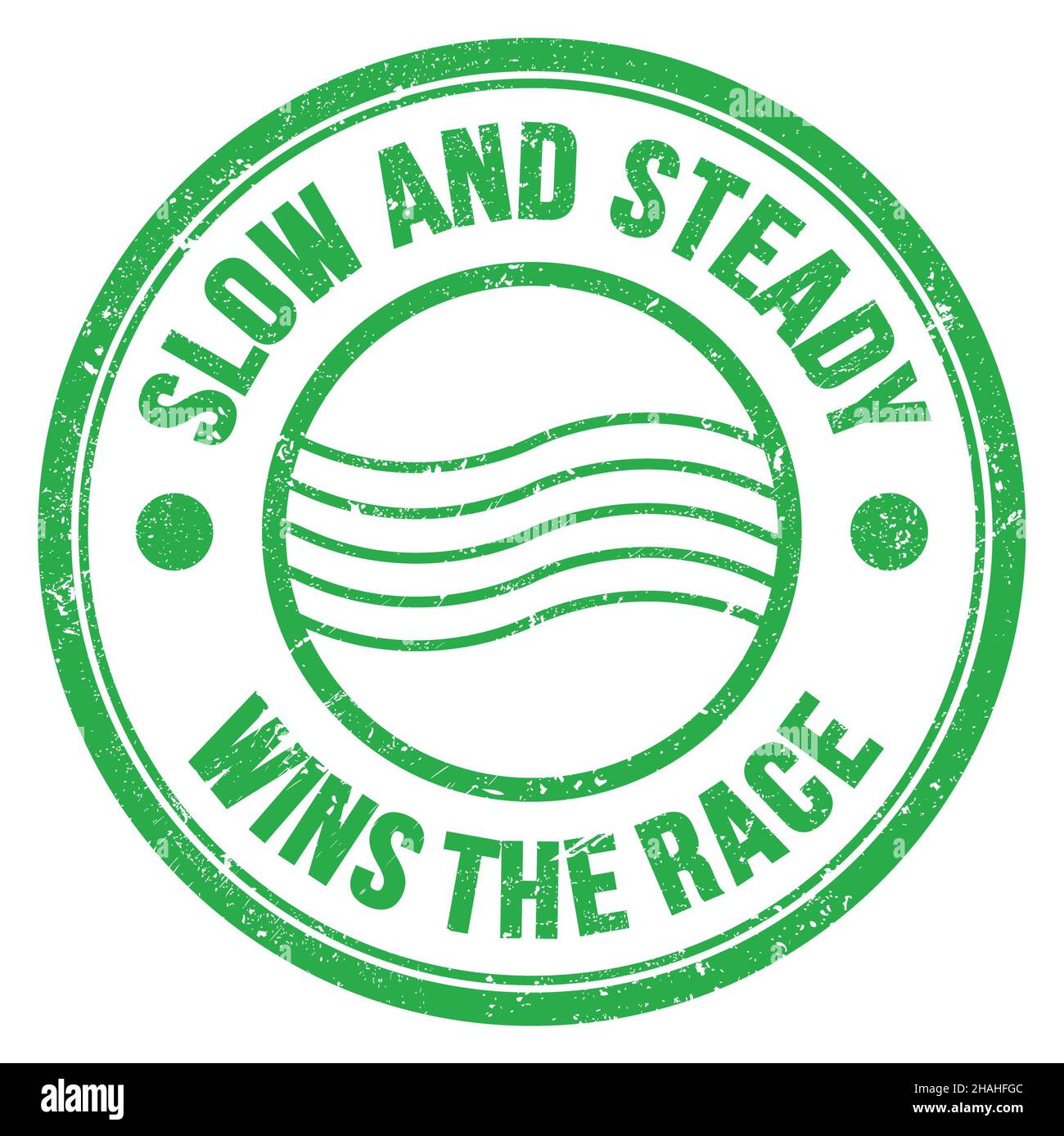 SLOW AND STEADY WINS THE RACE text written on green round postal stamp ...