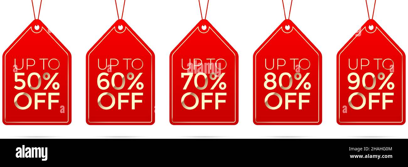 Vector set of hanging red sale tags with different percent numbers ...