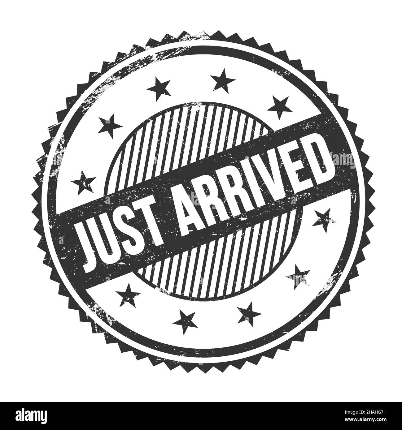 JUST ARRIVED text written on black grungy zig zag borders round stamp ...