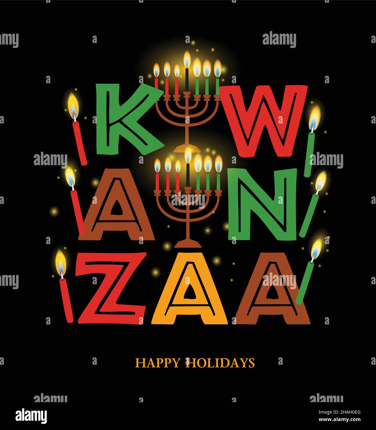 Vector collection of Happy Kwanzaa. Holiday symbols on black background ...