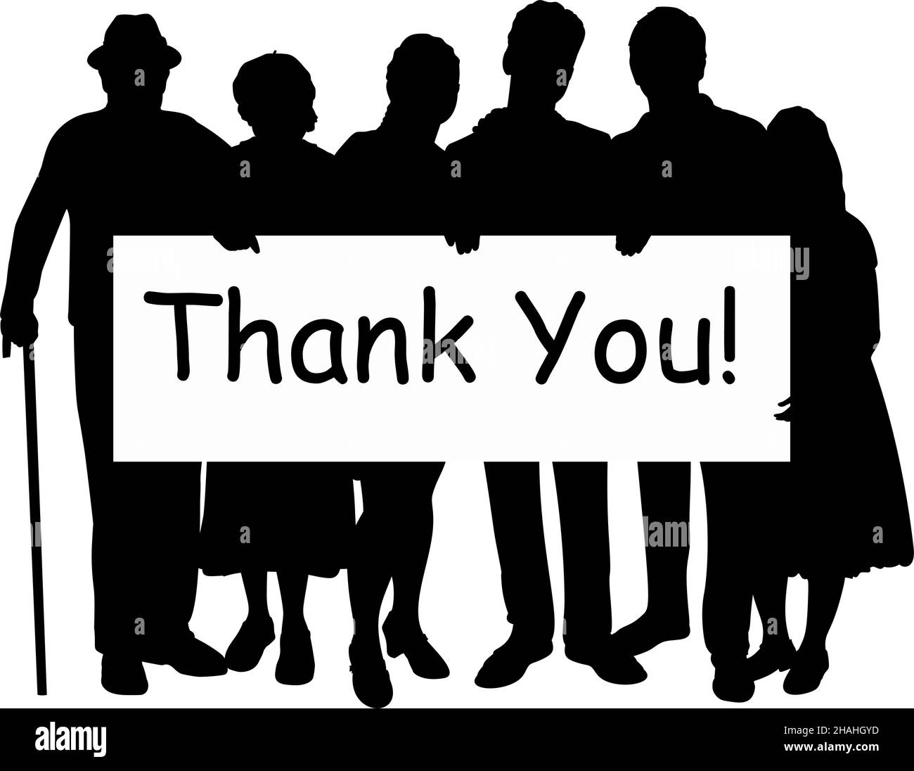 Family silhouette parents kids and grandparents holding banner placard ...