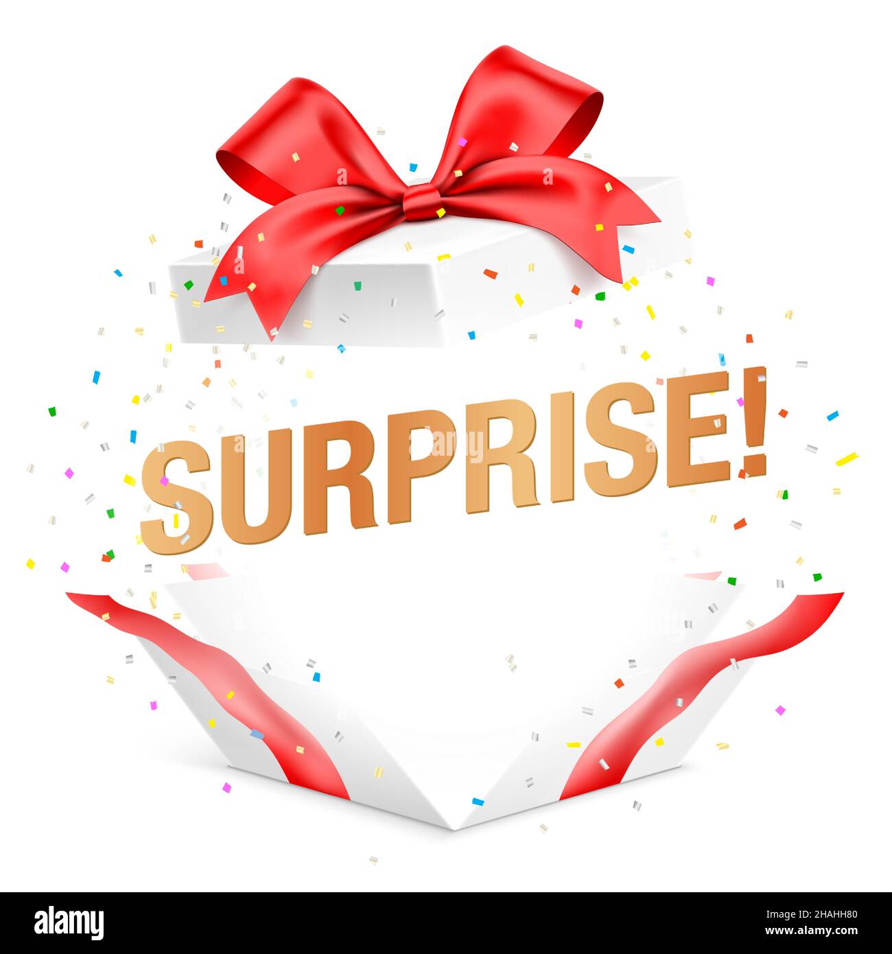 Exploded white gift box with red ribbon, surprise text, and colorful ...