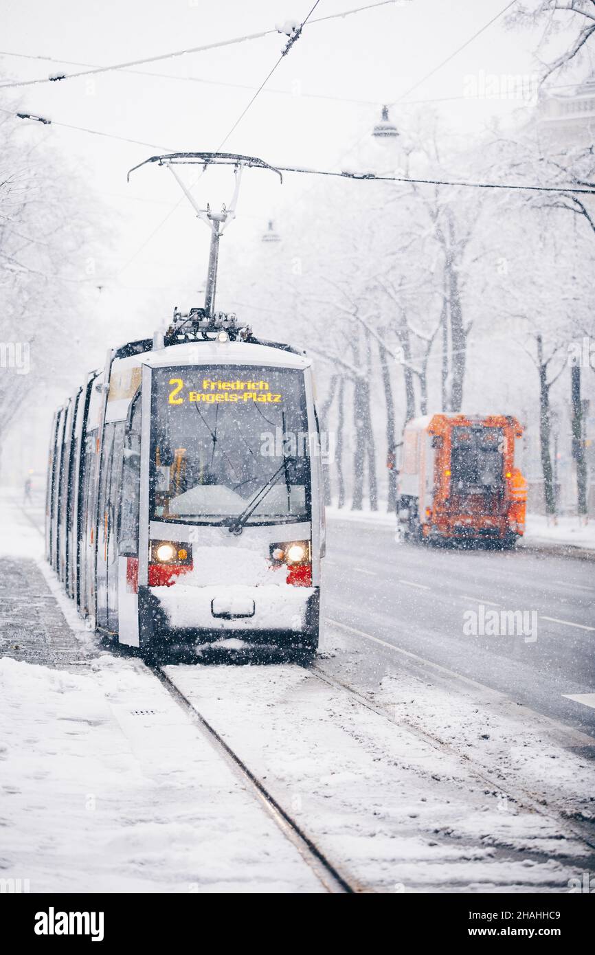 Vienna city tram. Public Transport during winter. Train in downtown ...