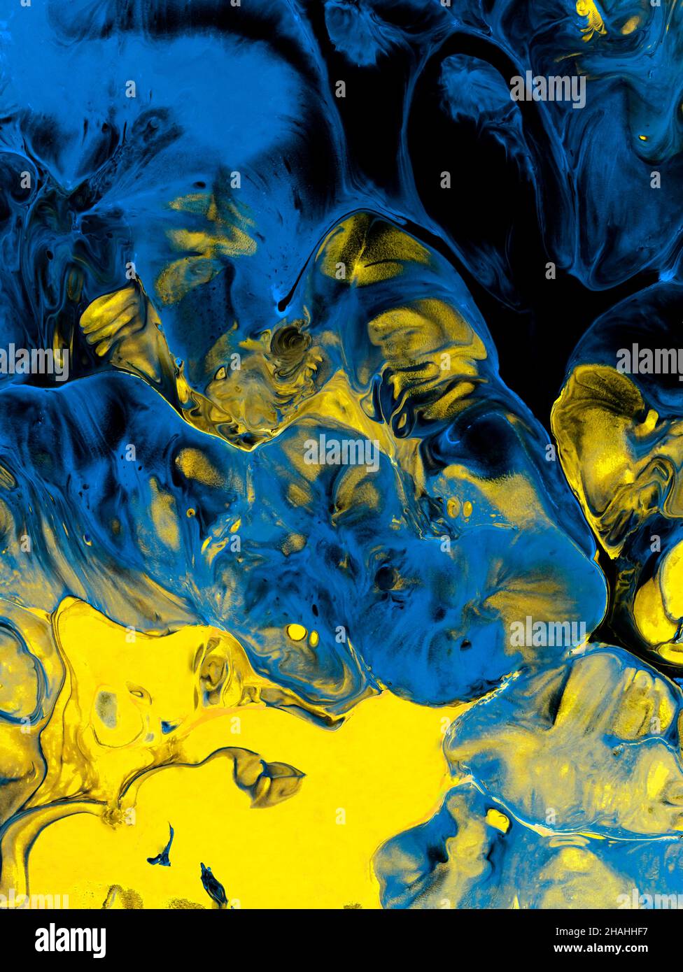 Abstract art painting in blue and yellow colors, creative hand painted ...