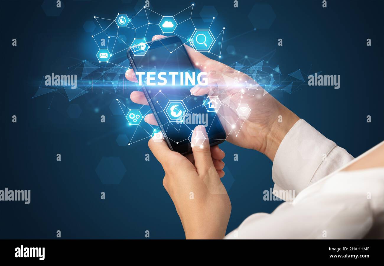 Hand using smartphone with technology concept Stock Photo - Alamy