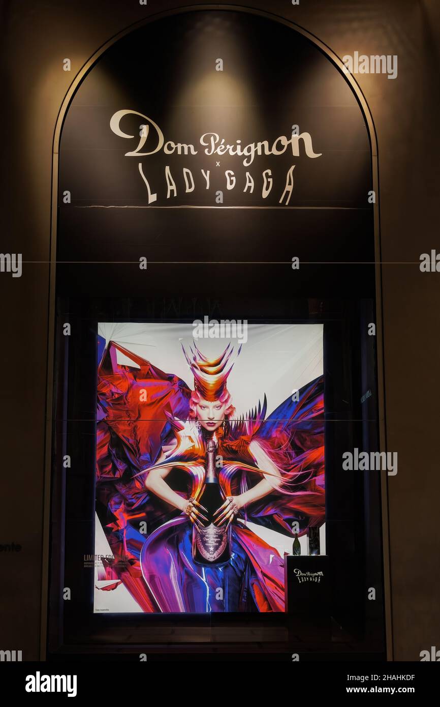 Milan, Italy Dom Perignon Lady Gaga champagne window showcase. Exterior ...
