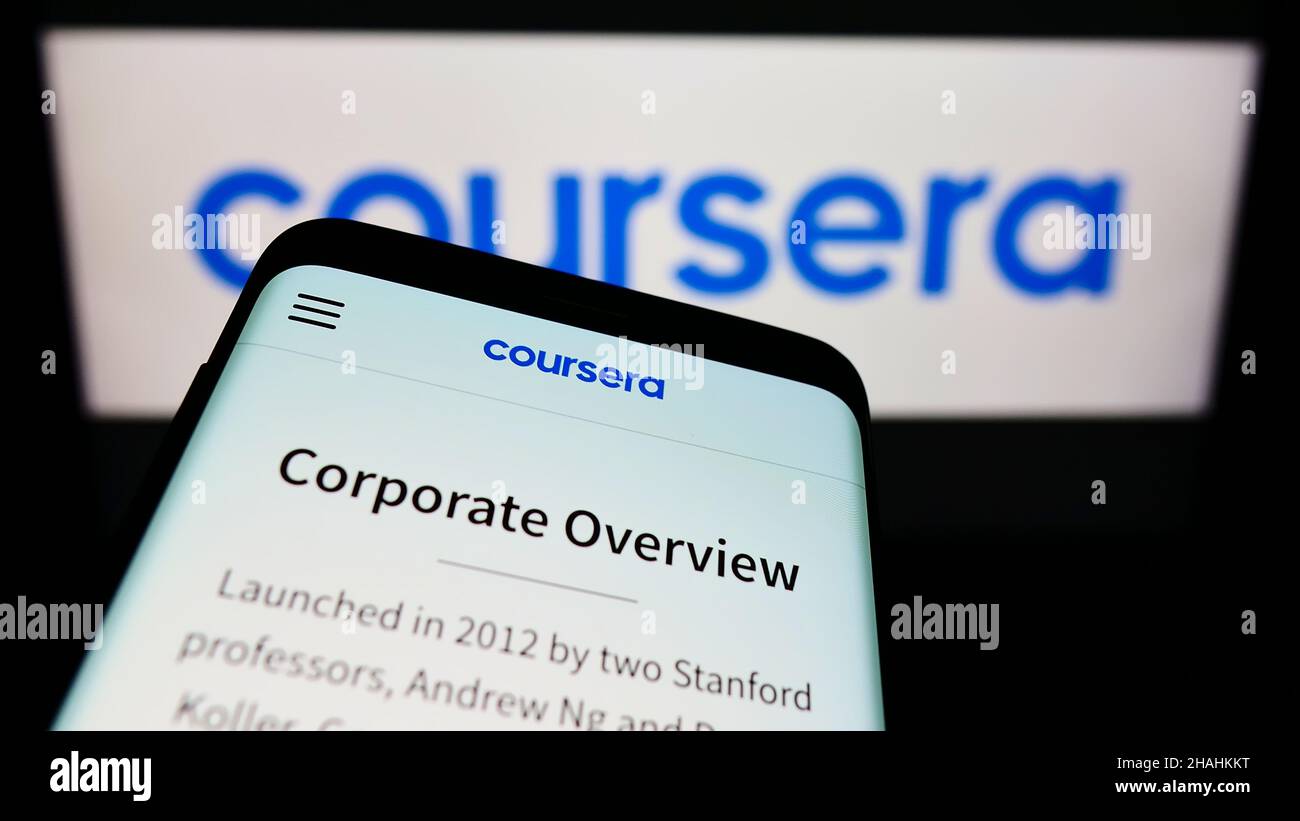 Mobile phone with website of US e-learning company Coursera Inc. on ...