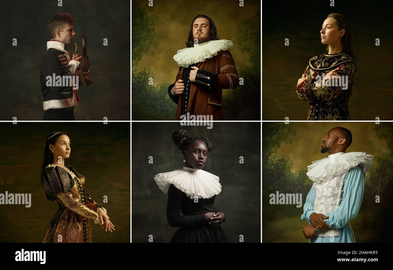 Medieval people as a royalty persons in vintage clothing on dark ...