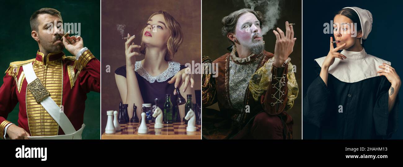 Medieval women and men as persons from famous artworks in vintage ...