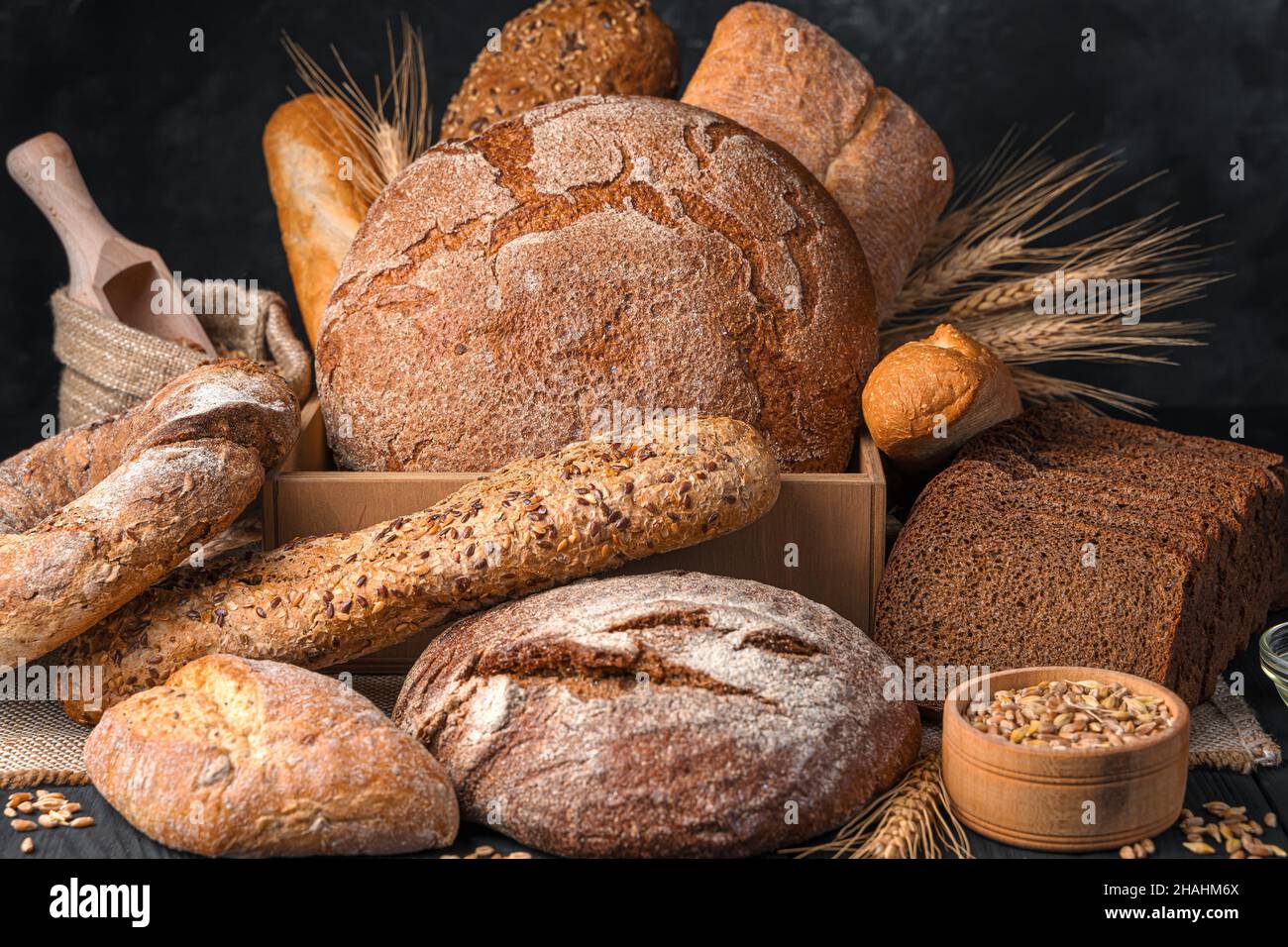 Fresh bread of different types in close-up. Side view, horizontal Stock ...