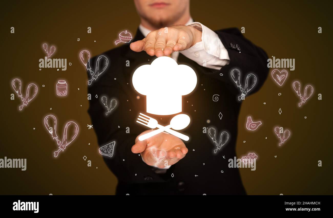 Hand holding food related icons Stock Photo - Alamy