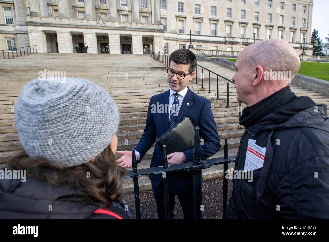 DUP MLA Jonathan Buckley speaking with people protesting against the ...