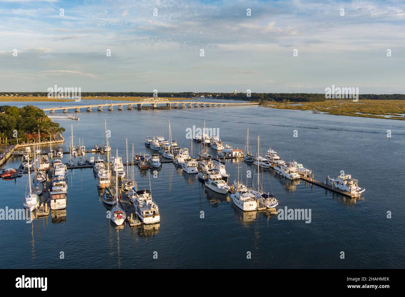 Low aerial view of marina and bridge in Beaufort, South Carolina Stock ...