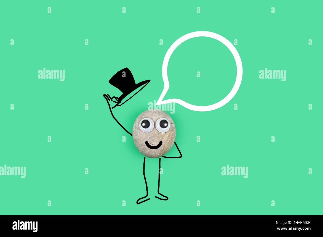 Animated character from a pebble with a happy face raises his hat in ...