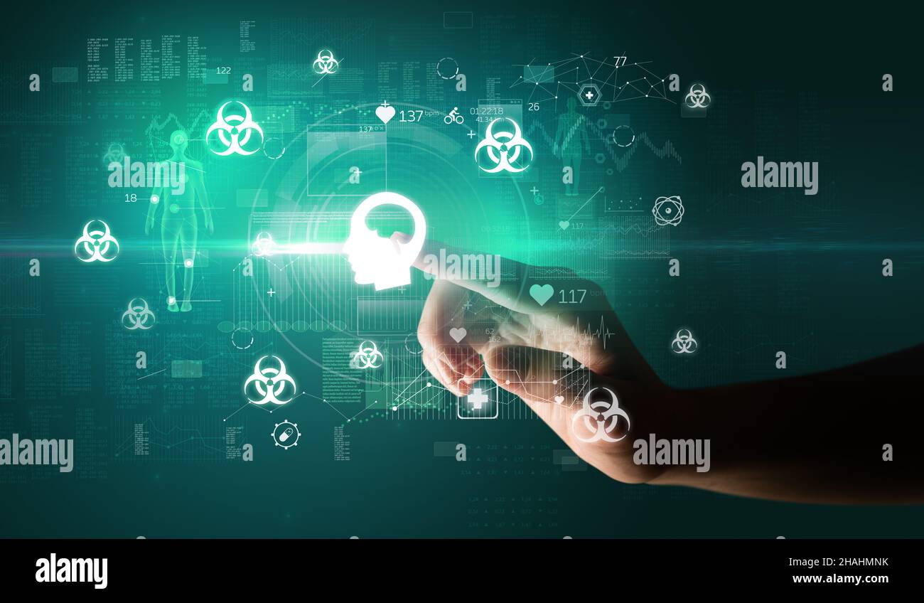 Doctor hand pressing futuristic health device with medical symbol on screen Stock Photo - Alamy