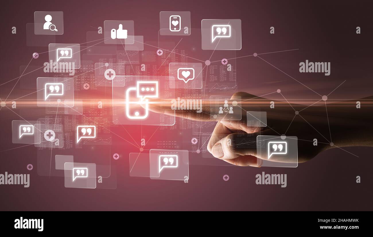 Hand pressing social media multimedia application screen with media ...