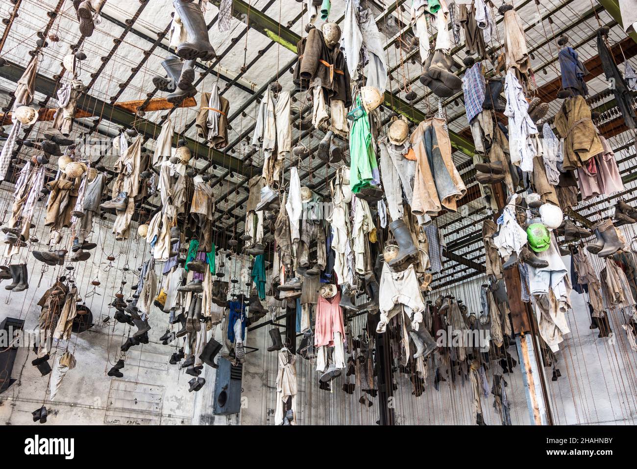 Ostrava (Ostrau): miners clothes hanging in Chain locker room in Mining ...