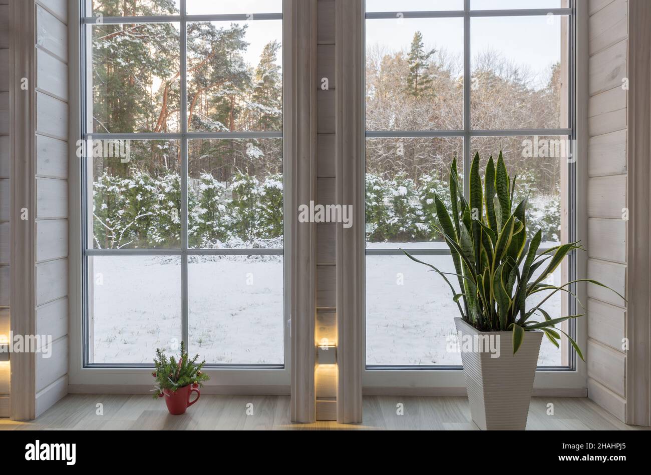 Winter landscape seen through the big window in wooden house ...