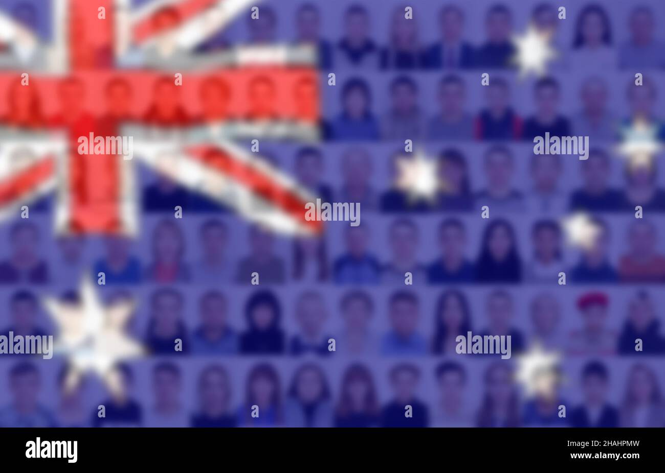 Portraits of many people on the background of the flag of Australia ...