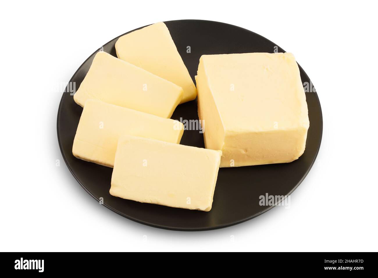 butter slices in black plate isolated on white background with clipping ...