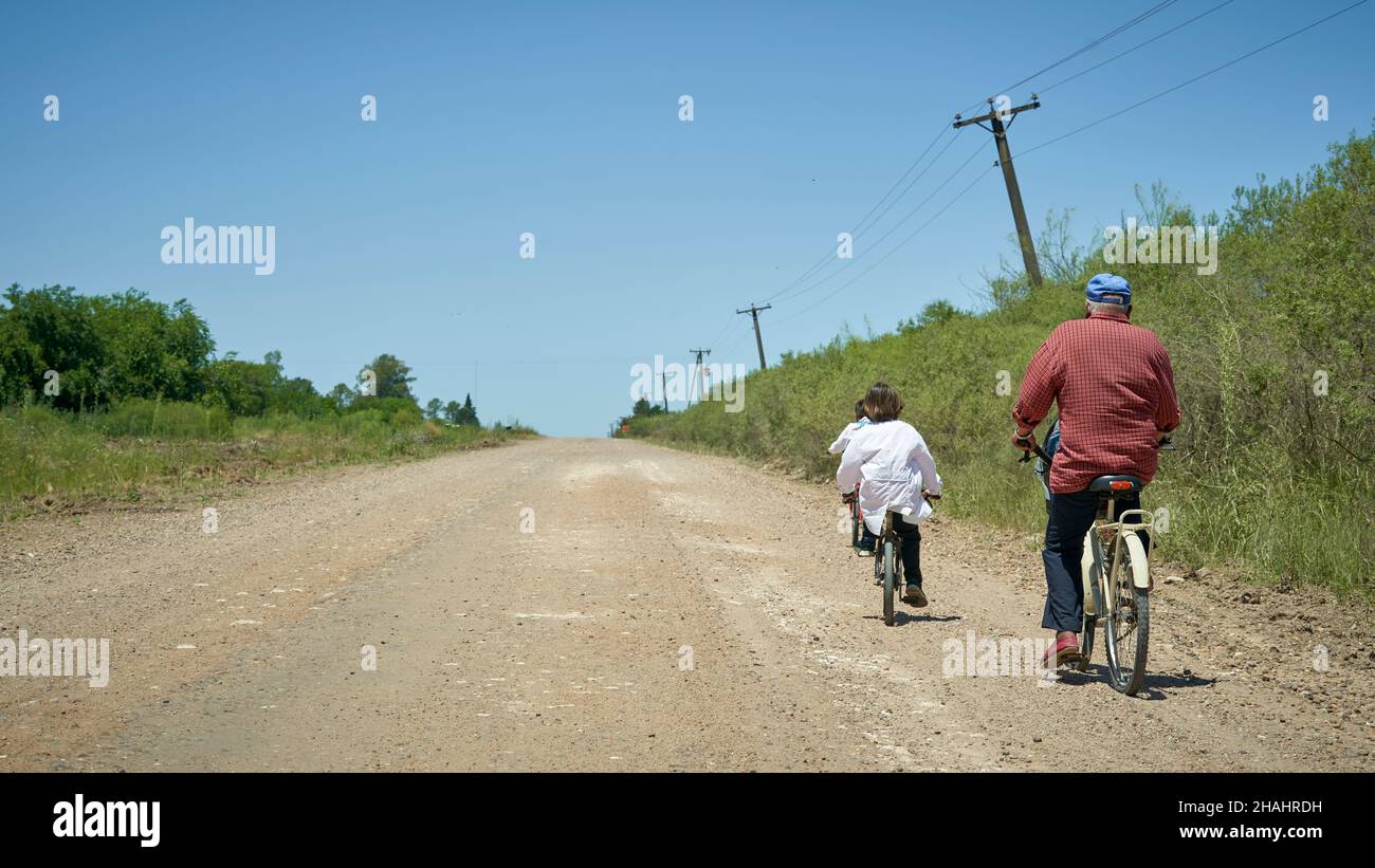 Rear view of grandfather with grandchildren on bicycles coming back ...