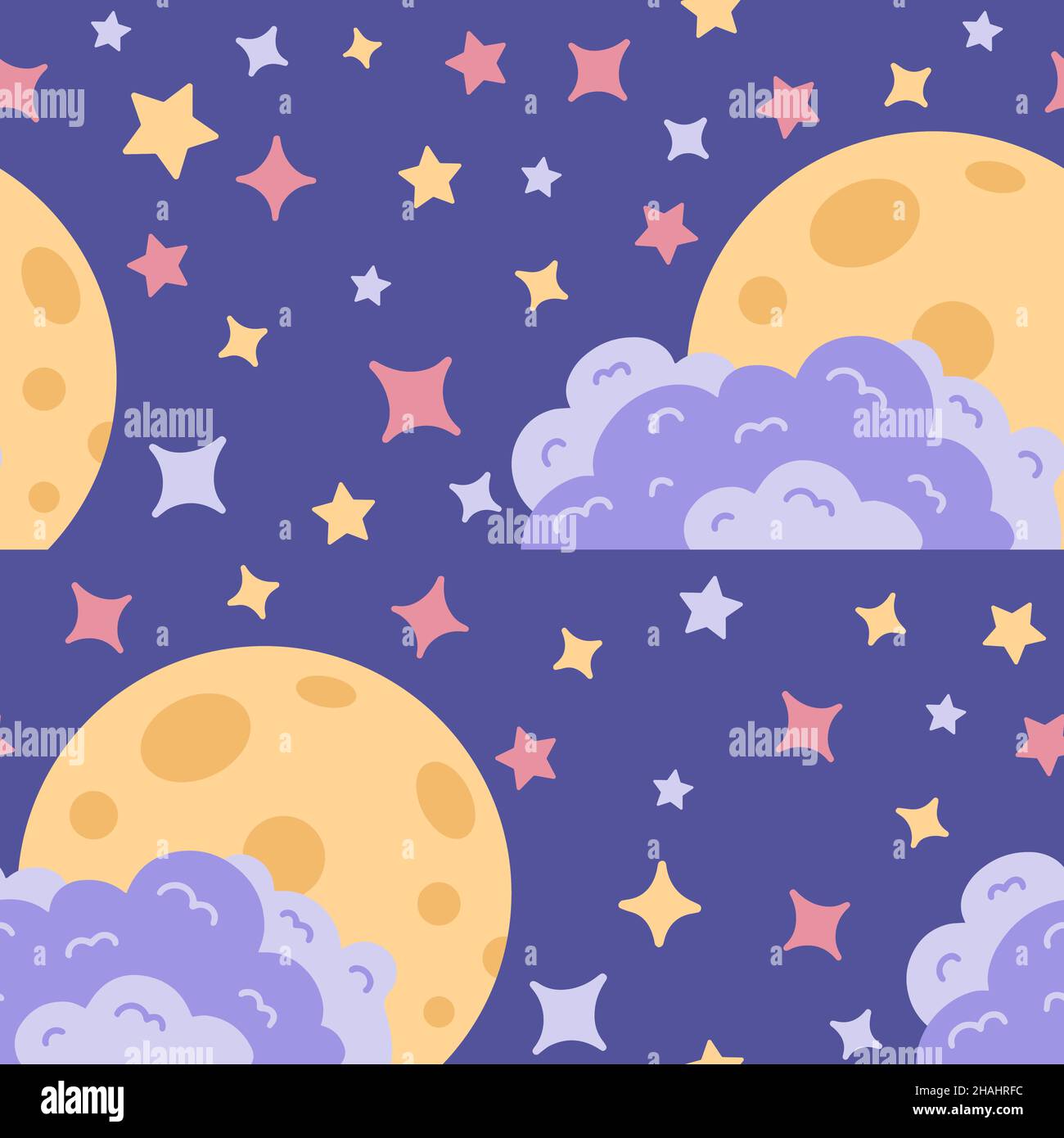 Seamless pattern of night sky with clouds and moon surrounded by stars ...